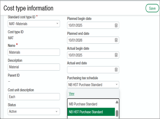 Create default purchasing tax schedules for projects, tasks, and cost types