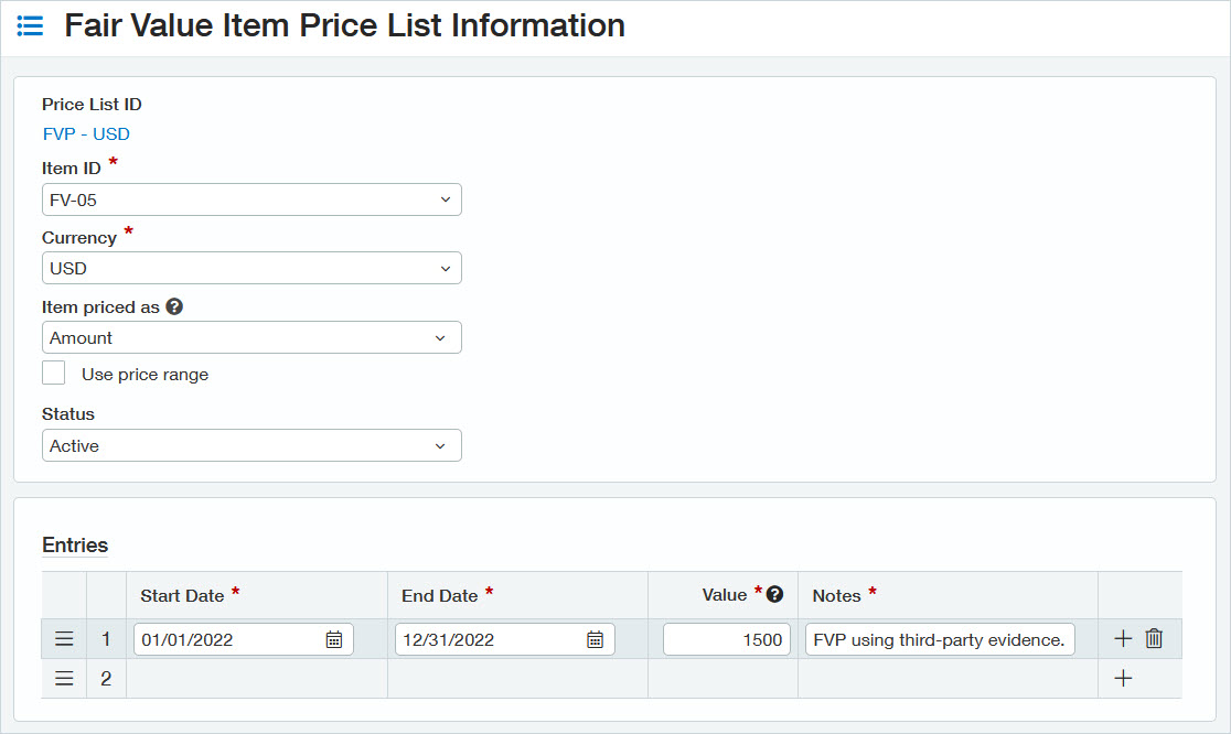 Fair value price list entries—Order Entry