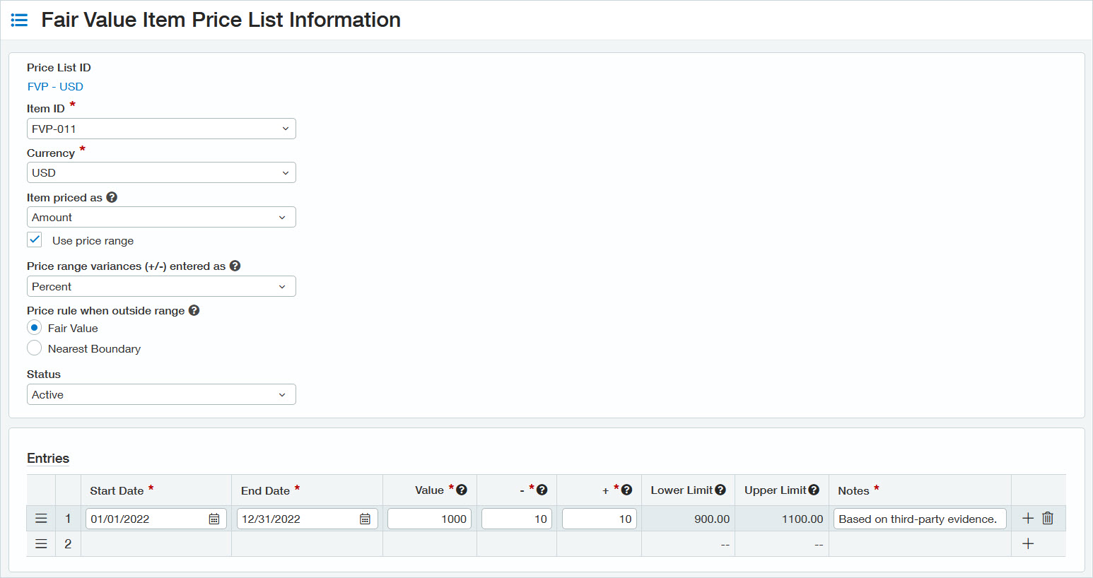 Fair value price list entries—Order Entry